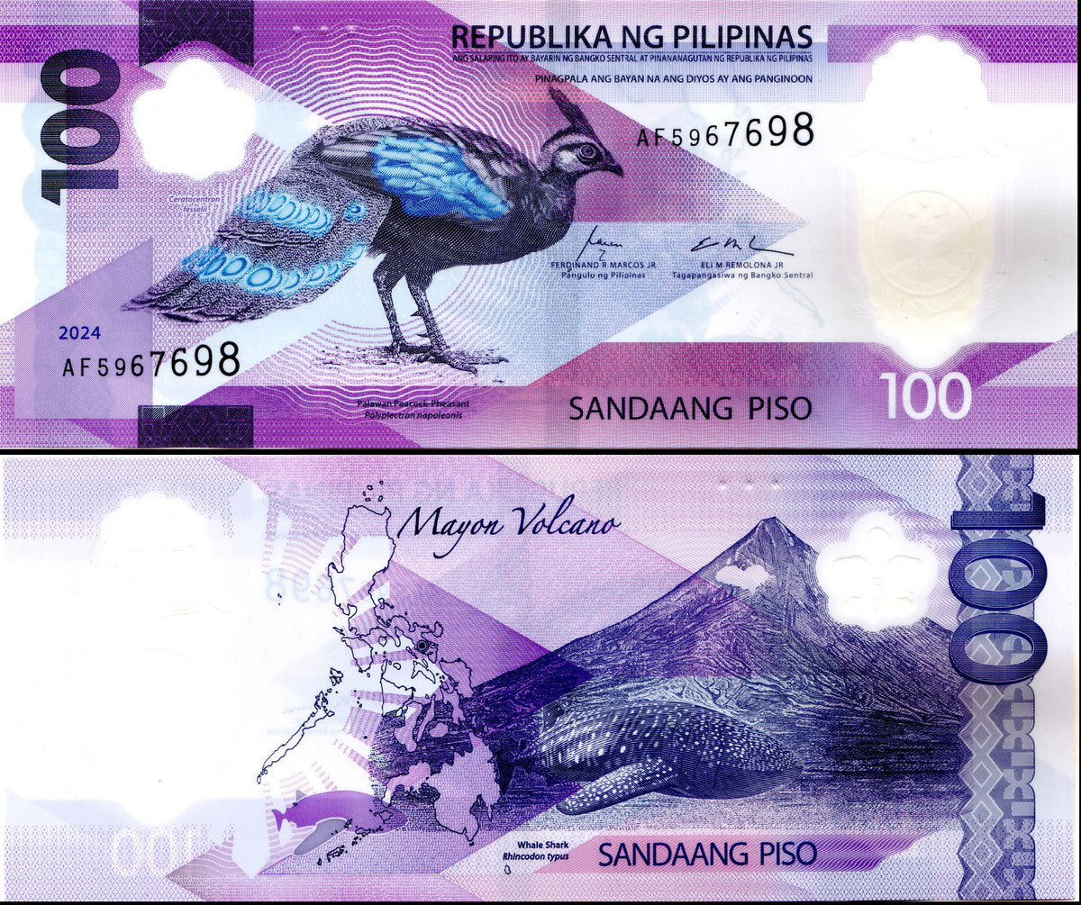 Philippines 100 New Polymer Peacock Pheasant 2024 Very Fine Banknote ...