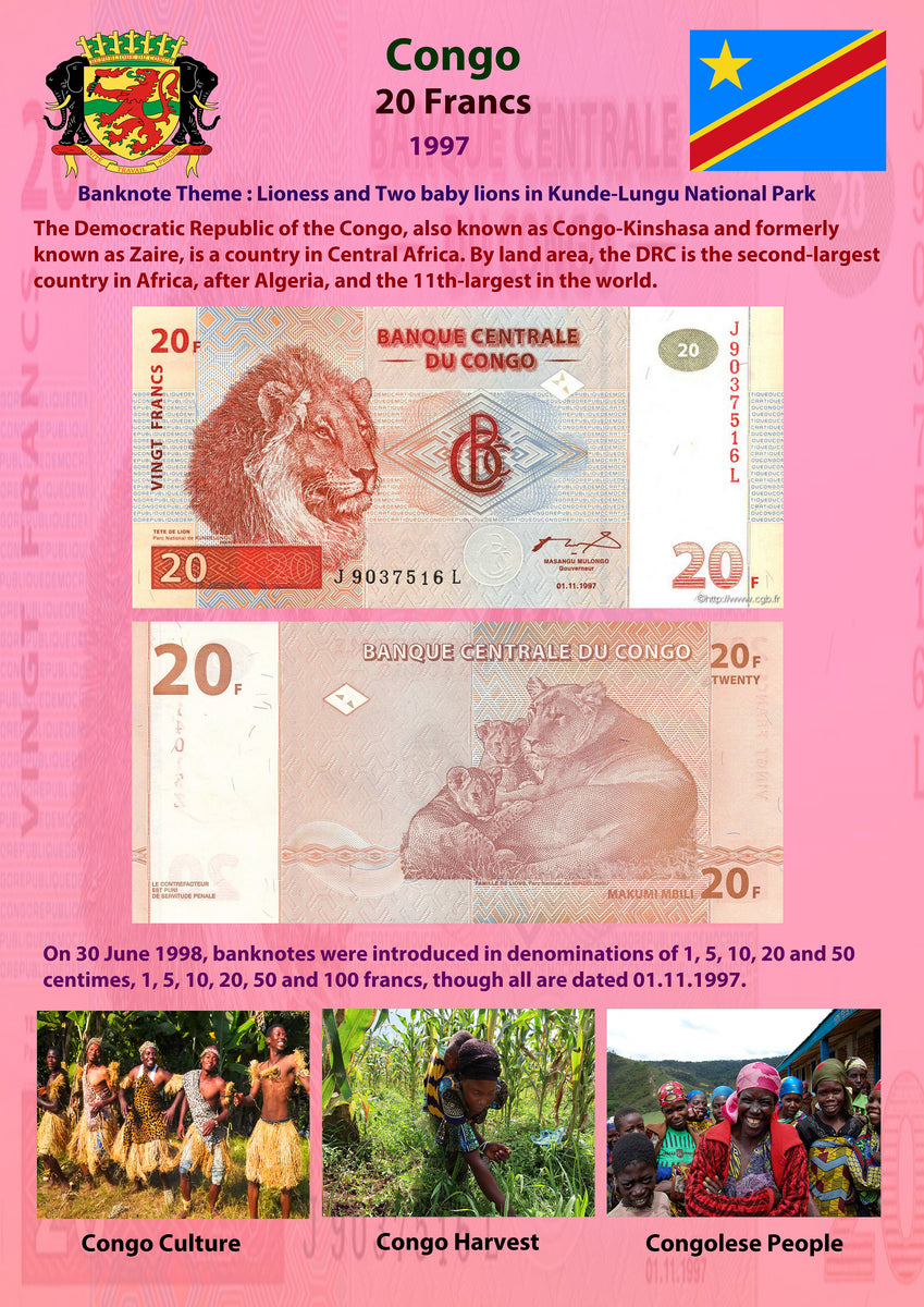Congo 20 Francs Information Sheet – Banknotecoinstamp