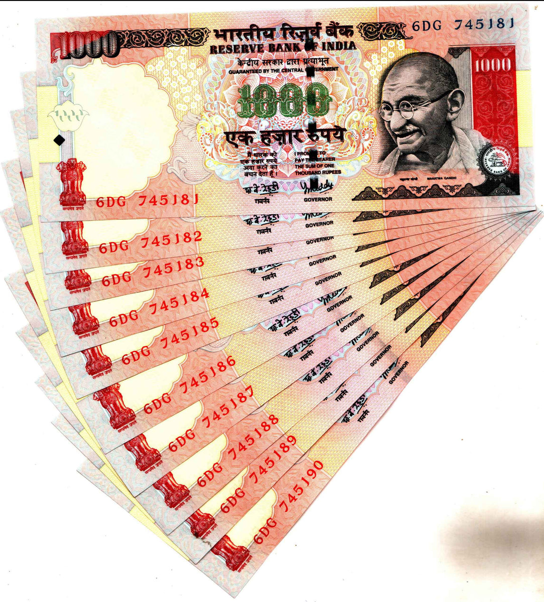 Indian 1000 Rupees Continuous Serial Number Very Fine Banknote ...