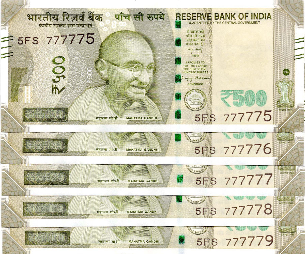 India 500 Rupees Fancy Number Banknotes ( 777775 - 777779 ...