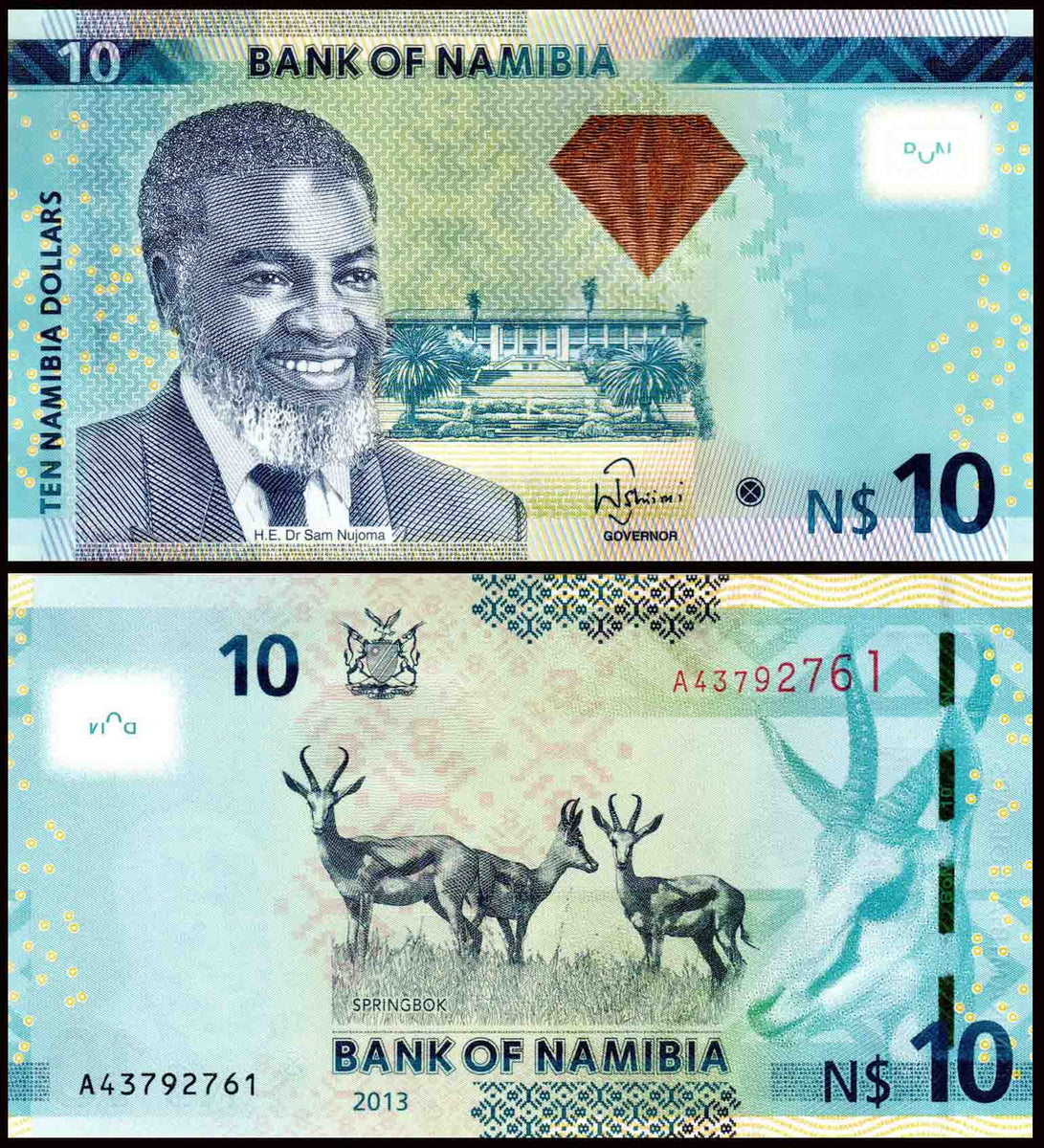 Namibia 10 Dollars UNC 2013 - Green-to-gold OVI diamond Banknote ...