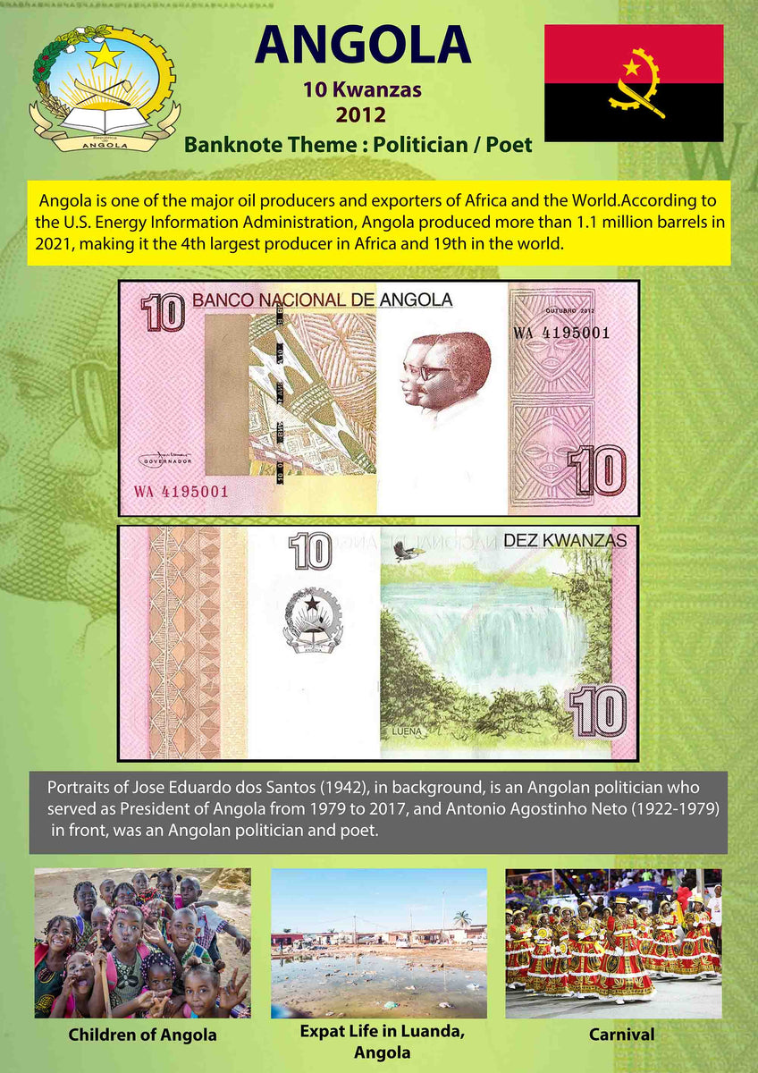 Angola 10 Kwanzas 2 Real Banknotes With Information Sheet ...