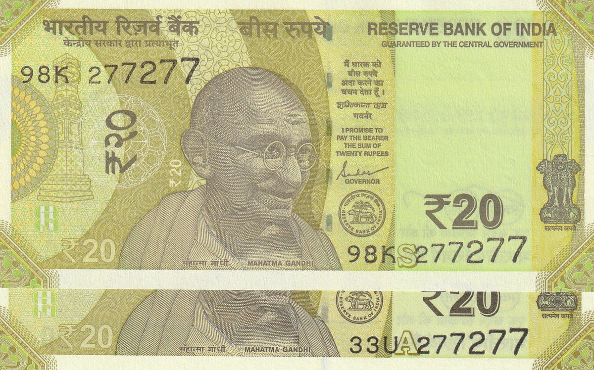 India 20 Rupees UNC Banknotes – Triple Number (2 Pieces ...