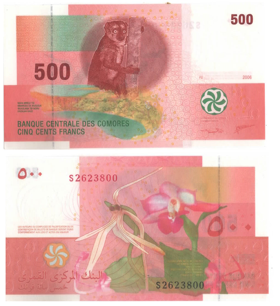 Comoros 500 Francs 2006 UNC Condition, Lemur monkey – Banknotecoinstamp