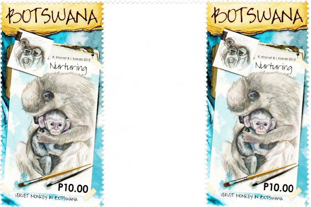 Botswana Monkey Nurturing Gutter Pair Postage Stamps – Banknotecoinstamp