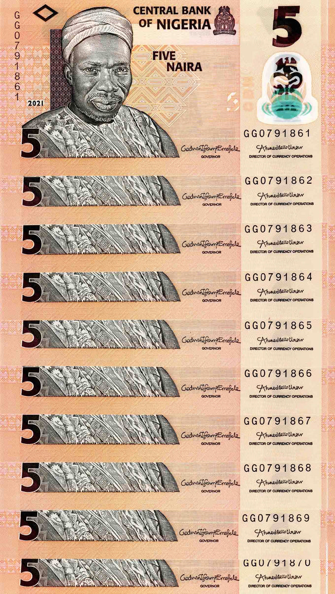 Nigeria 5 Naira GG 0791861 - GG 0791870 Fine Polymer Banknotes Year 20 ...