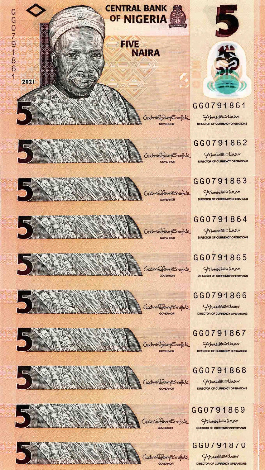 Nigeria 5 Naira GG 0791861 - GG 0791870 Fine Polymer Banknotes Year 20 ...