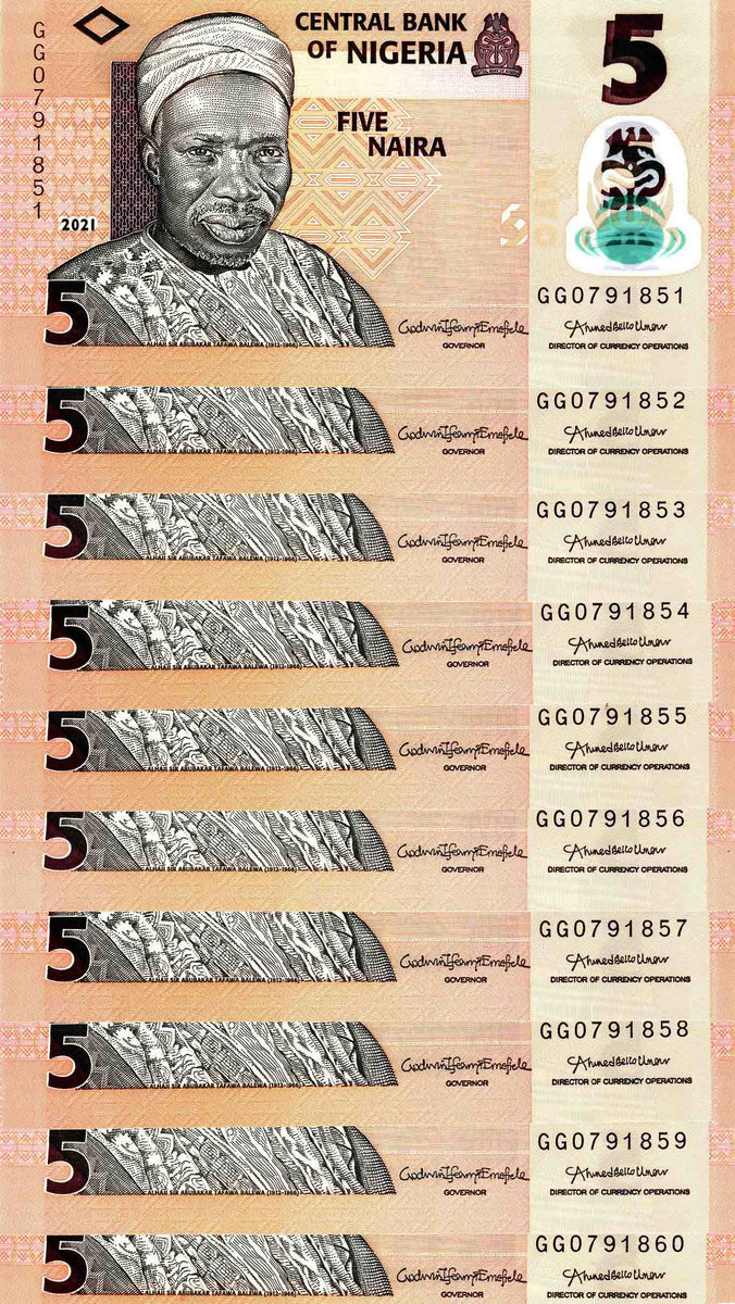 Nigeria 5 Naira GG 0791851 - GG 0791860 Fine Polymer Banknotes Year 20 ...
