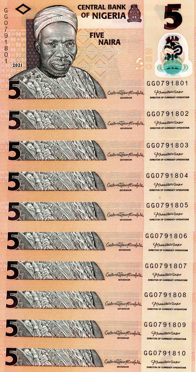 Nigeria 5 Naira GG 0791801 - GG 0791810 Fine Polymer Banknotes Year 20 ...